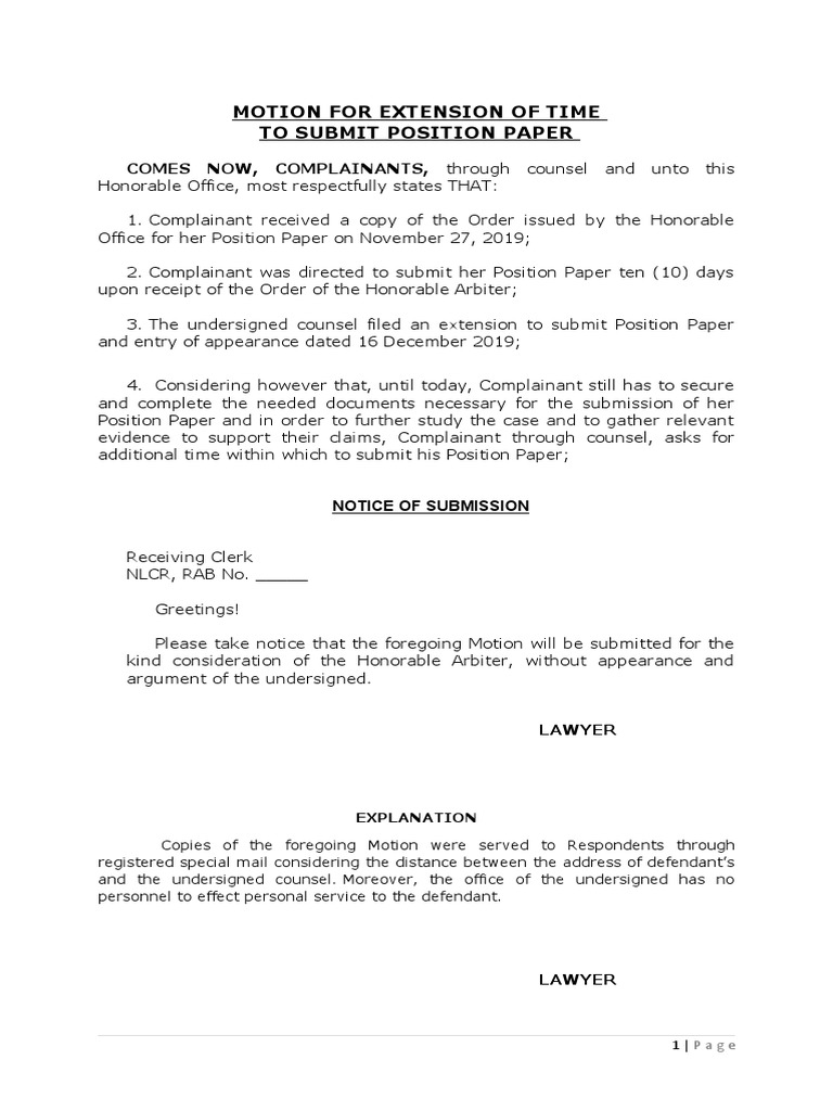 Motion For Extension To FIle Position Paper | PDF