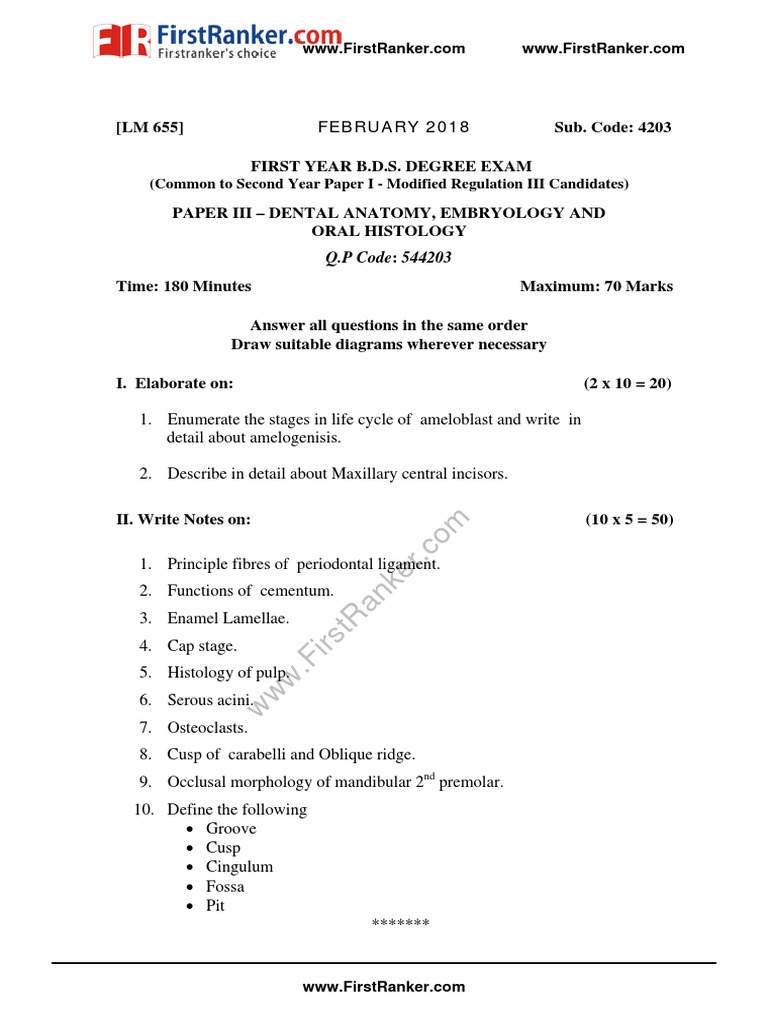 BDS - 2018 - Question Papers - First Year - Dental Anatomy, Embryology ...
