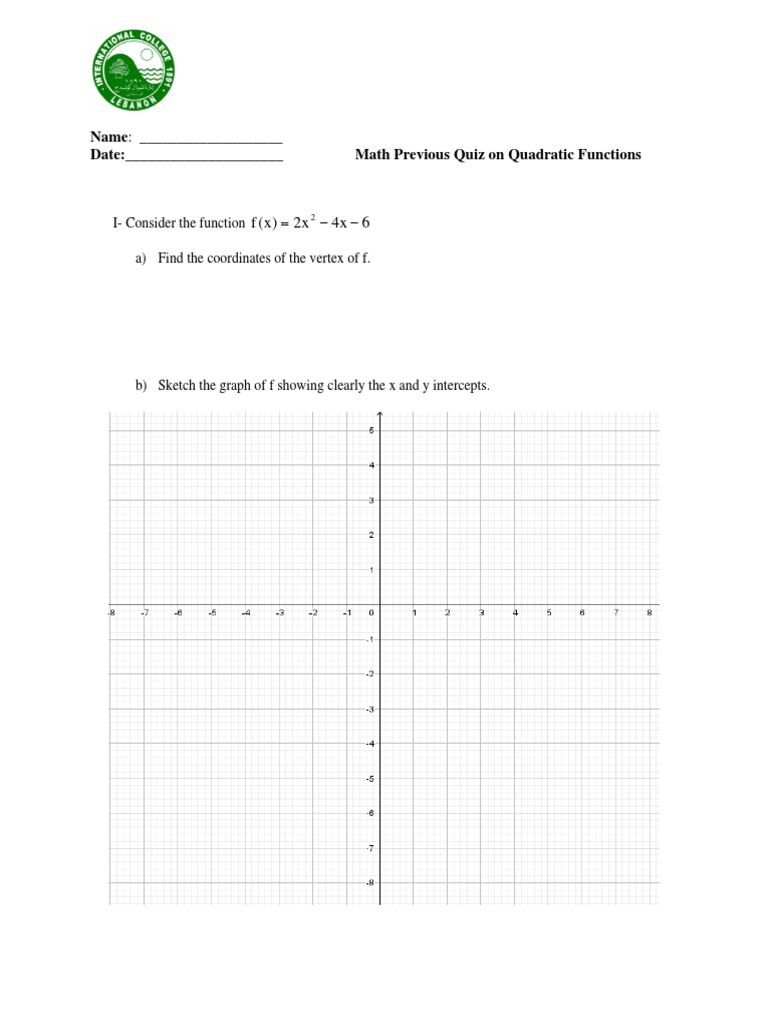 Quadratic Functions Quiz | PDF | Quadratic Equation | Function ...