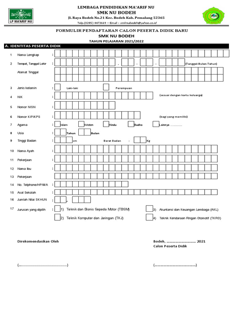 Formulir PPDB SMK NU 2021 | PDF