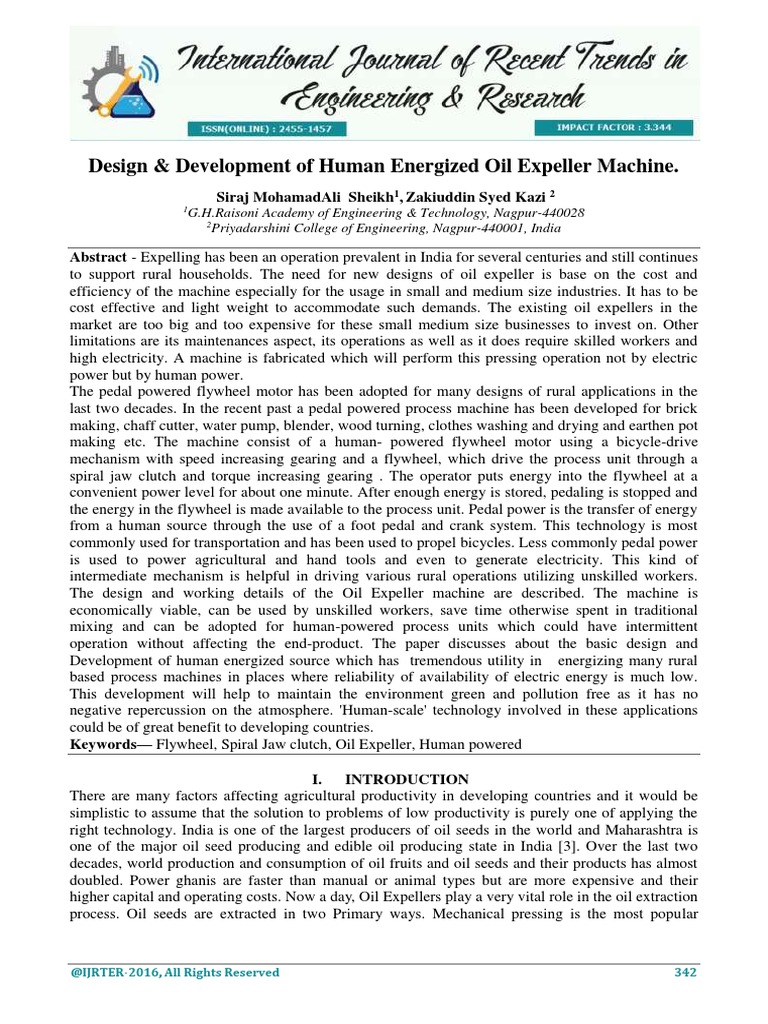 Design & Development of Human Energized Oil Expeller Machine | PDF ...