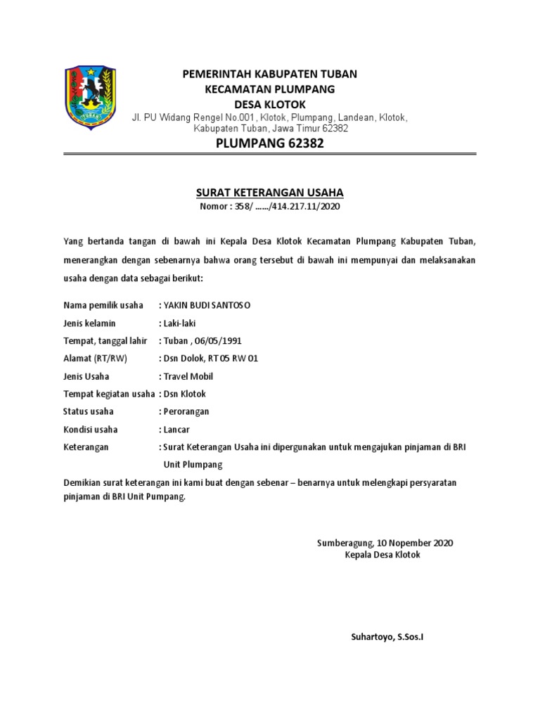 Surat Keterangan Usaha Yakin | PDF