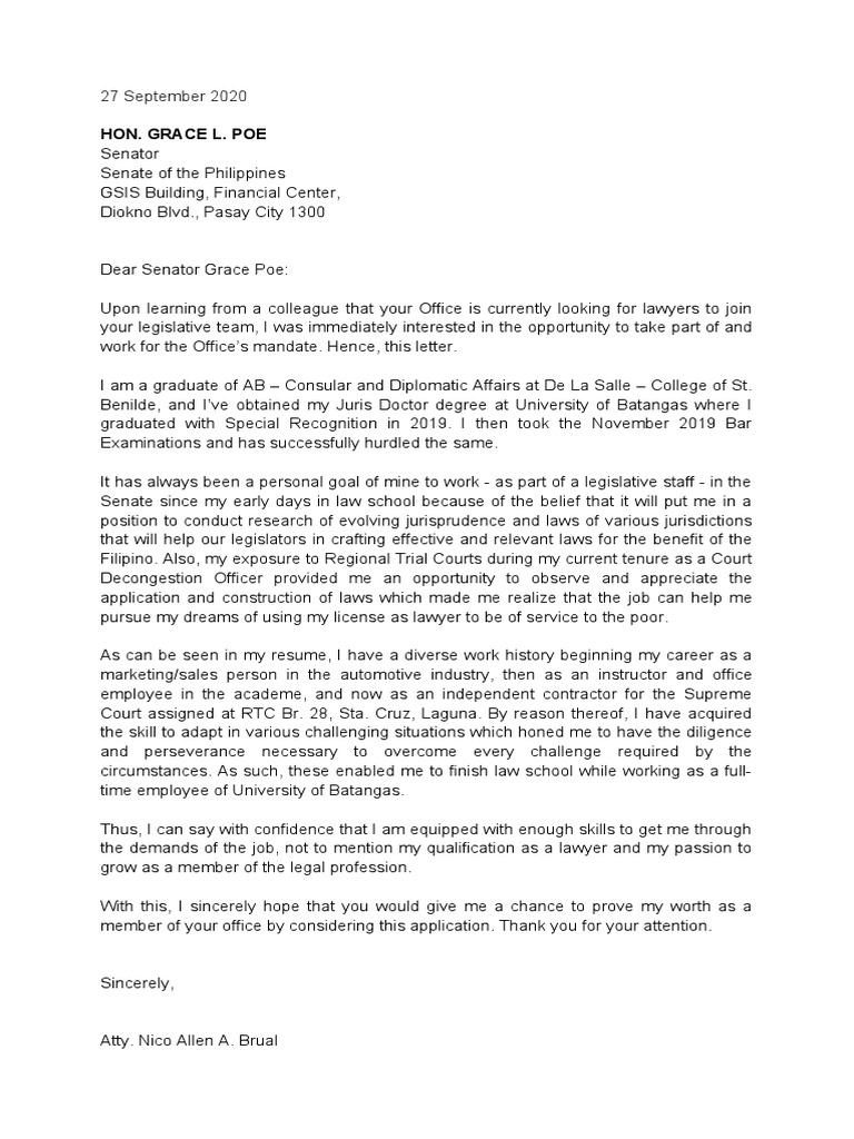 Application Letter - Senate of The Philippines, Sen. Grace Poe | PDF