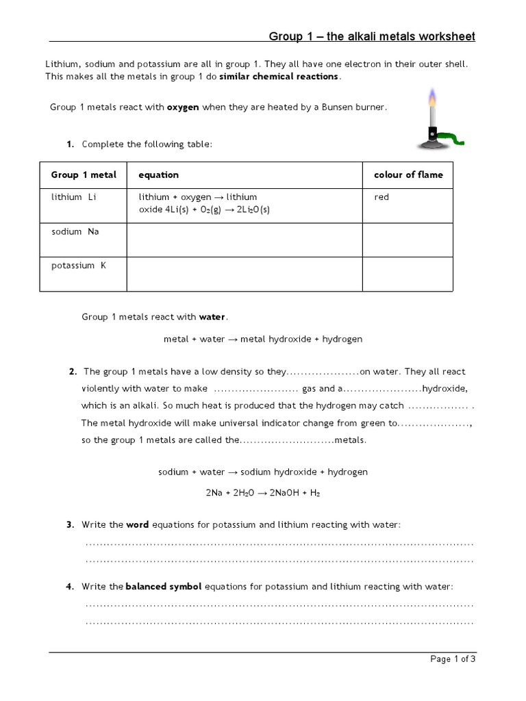 Group 1 - The Alkali Metals Worksheet | PDF | Sodium | Lithium