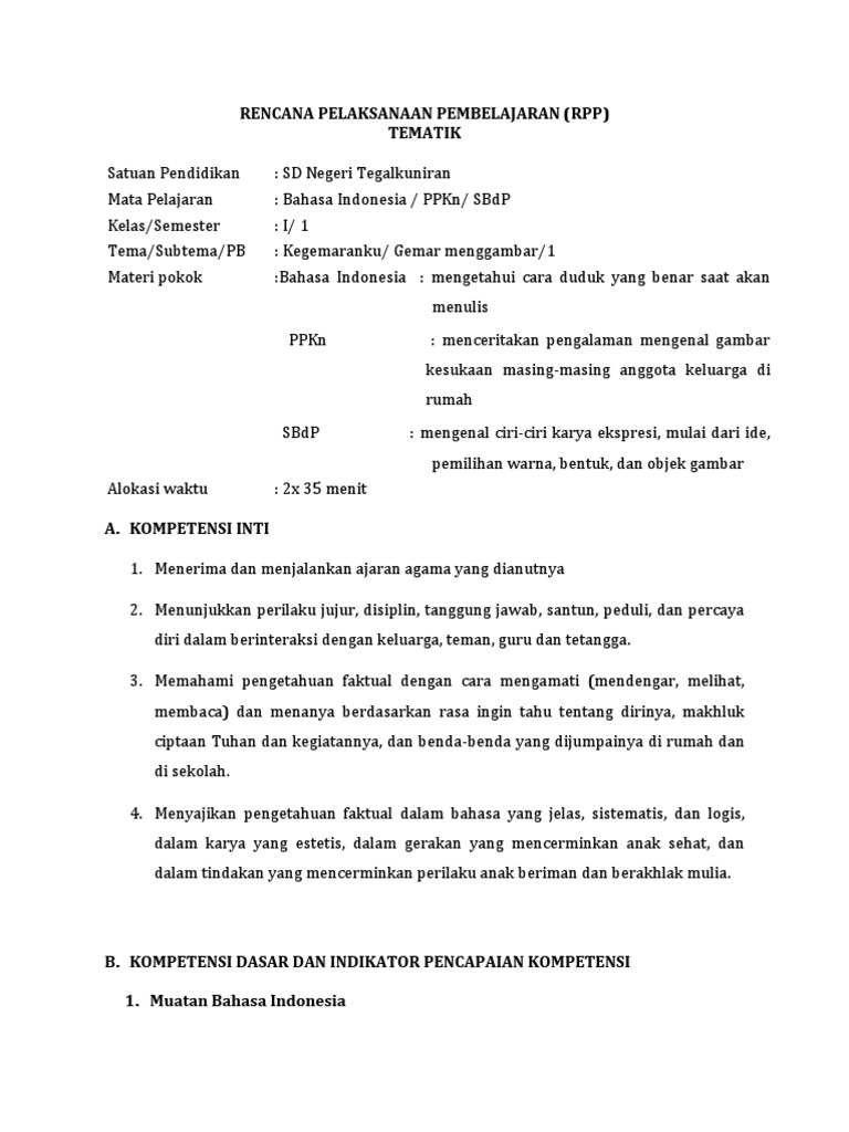 RPP Tema 2 Sub3 pb1 Kls 1 SD | PDF | Karier & Perkembangan | Seni & Disiplin Bahasa