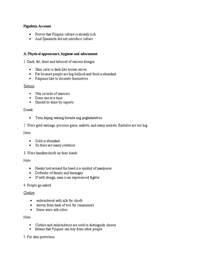 Pigafetta Account - Physical Appearance, Hygiene and Adornment | PDF ...