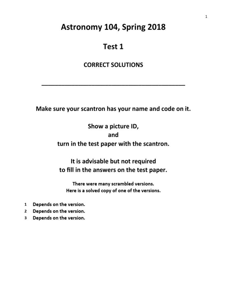Solutions to an Astronomy Test with Multiple Versions | PDF ...