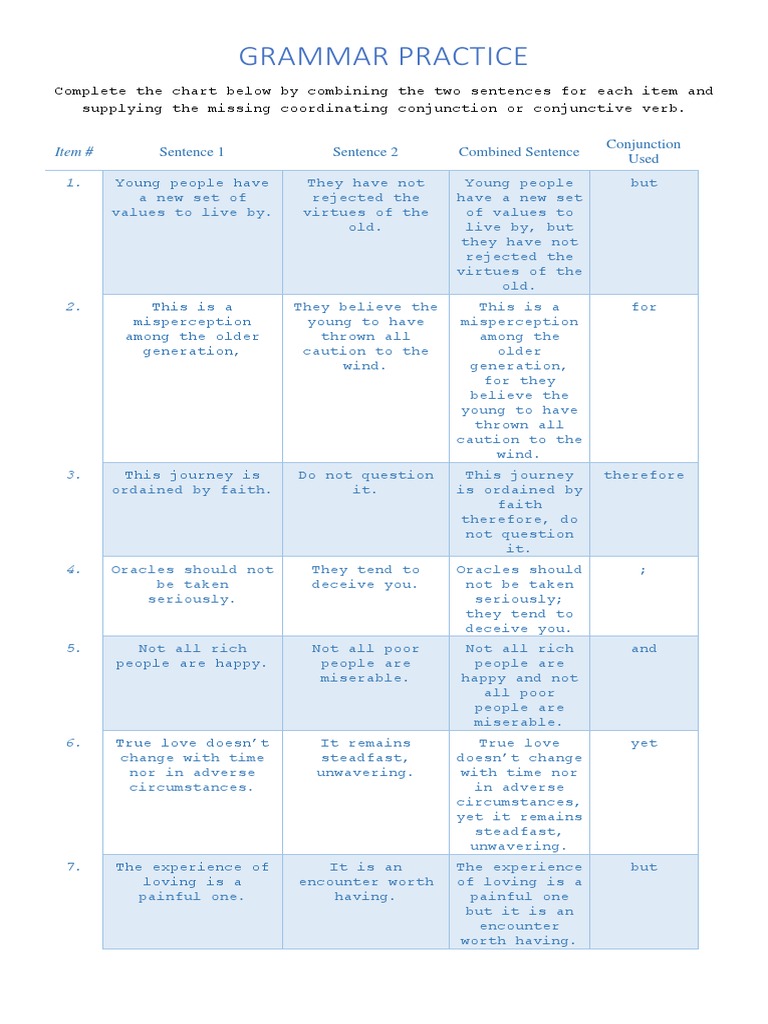 Practicing Grammar Skills: Combining Sentences with Conjunctions | PDF ...