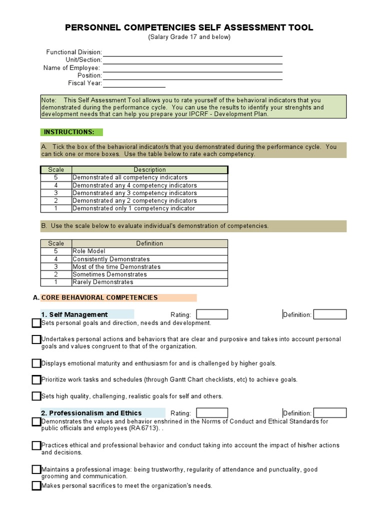 Personnel Competencies Self Assessment Tool: Instructions | PDF ...