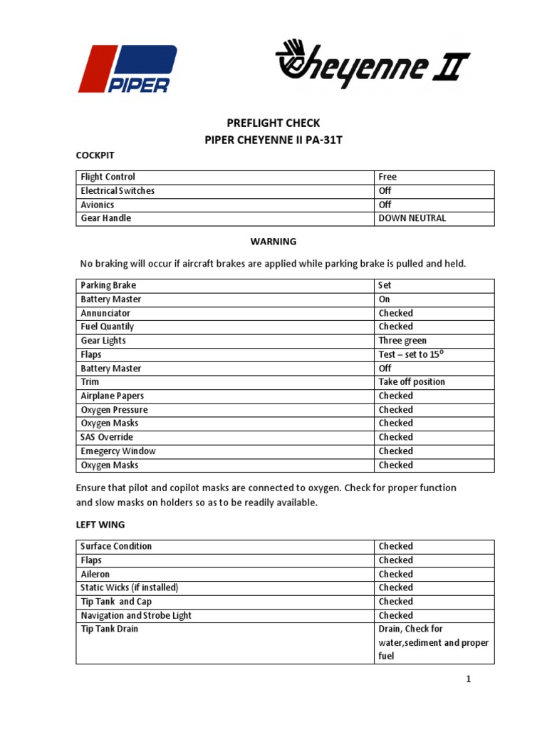 Piper Cheyenne II Preflight Checklist | PDF | Flap (Aeronautics ...
