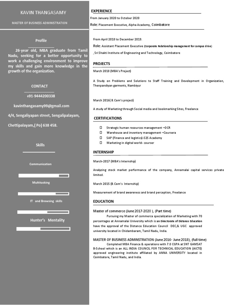 Kavin Resume | PDF | Master Of Business Administration | Tamil Nadu