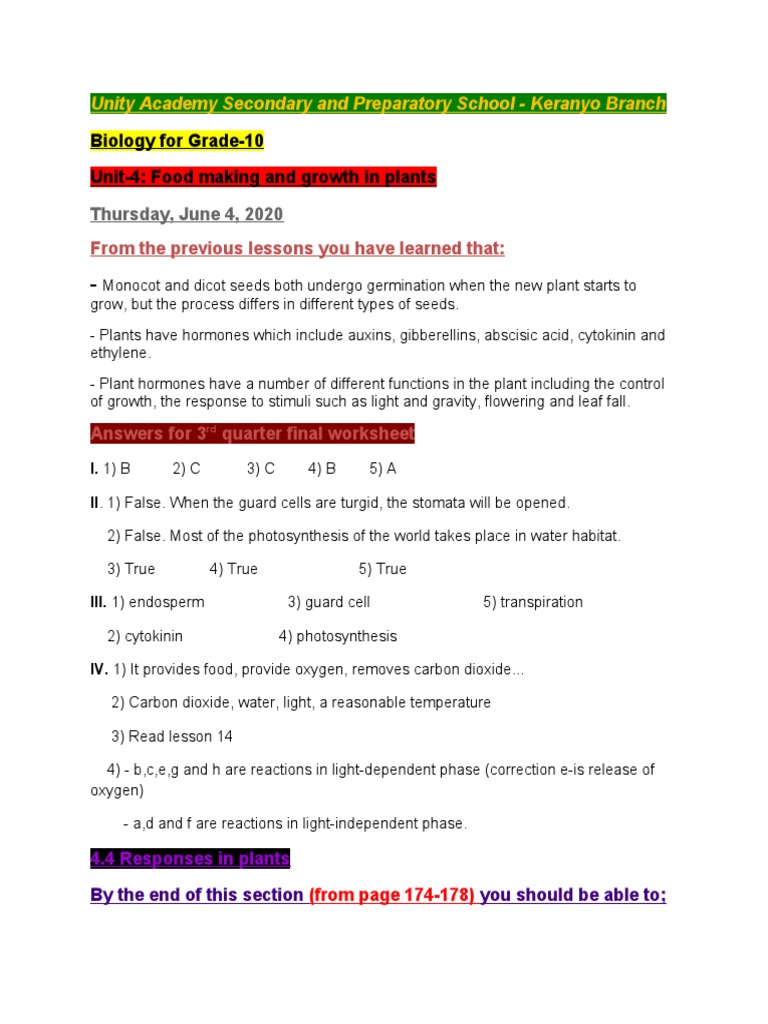 Biology For Grade-10 Unit-4: Food Making and Growth in Plants | PDF ...