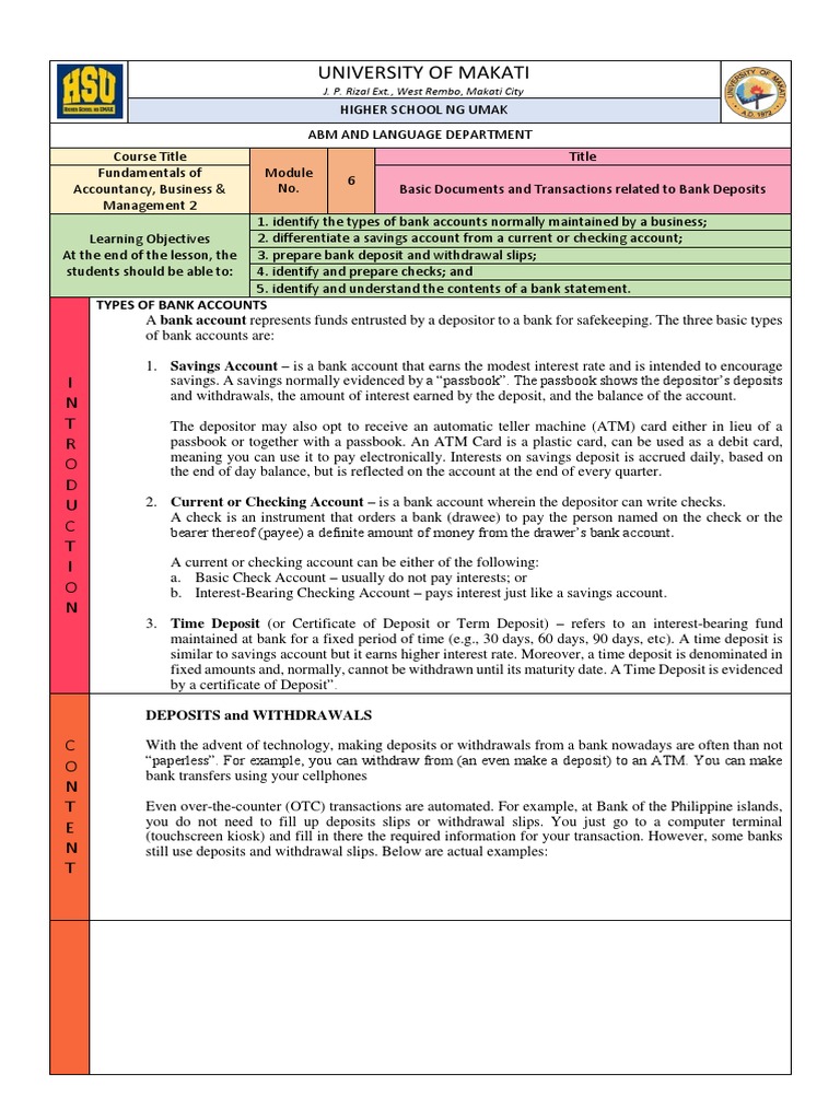 FABM2 Module 6 Basic Documents and Transactions Related To Bank ...