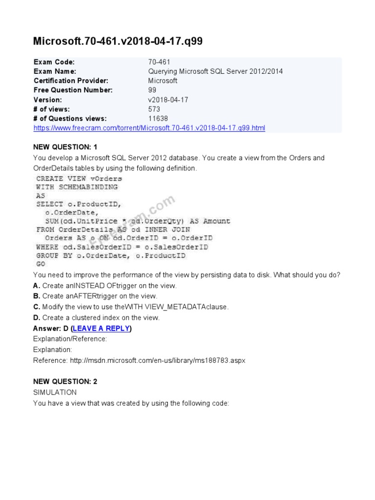 Microsoft 70-461 v2018-04-17 q99 | PDF | Database Index | Microsoft Sql ...