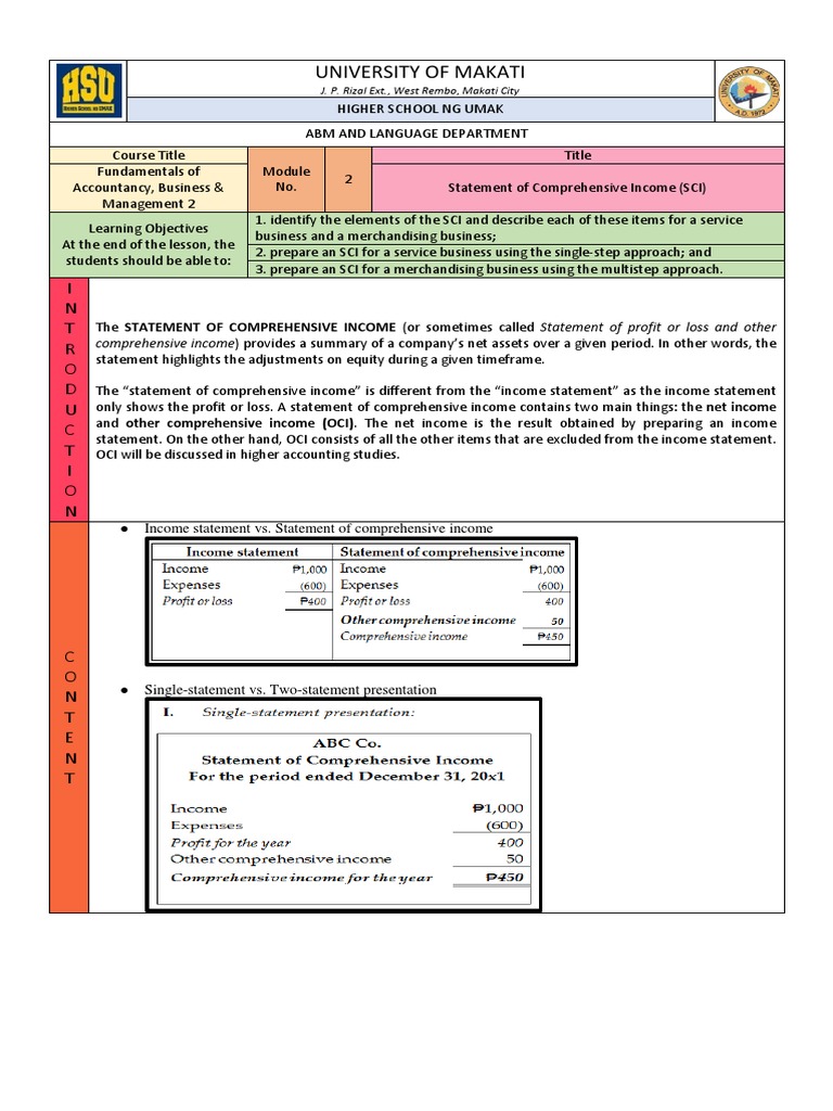 FABM2 Module 2 Statement of Comprehensive Income | PDF | Cost Of Goods ...