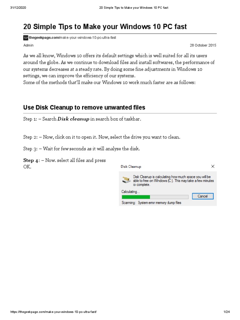 20 Simple Tips To Make Your Windows 10 PC Fast | PDF | Windows 10 ...
