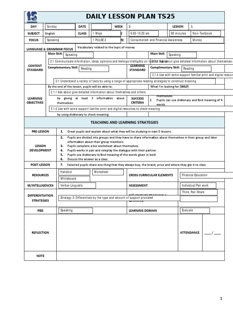 ts25 Lesson Plan Form 1 | PDF | Lesson Plan | Teaching