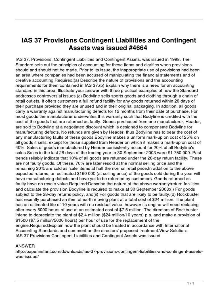 Ias 37 Provisions Contingent Liabilities and Contingent Assets Was ...