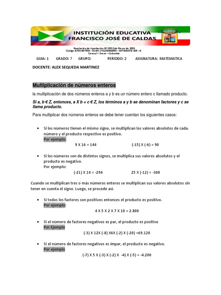 Guia de Matematica Septimo | PDF | Multiplicación | Entero