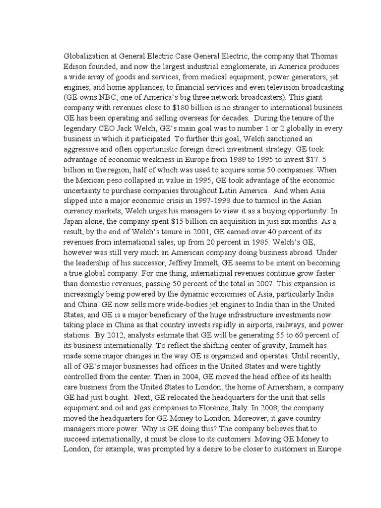 Globalization at General Electric Case General Electric | PDF | General ...