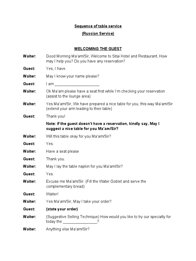 Sequence of Table Service | PDF | Waiting Staff | Tableware