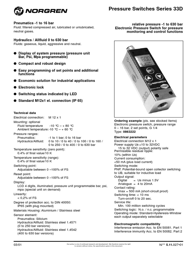 Pressure Switches Series 33D: Technical Data Ordering Example (Pls. See ...