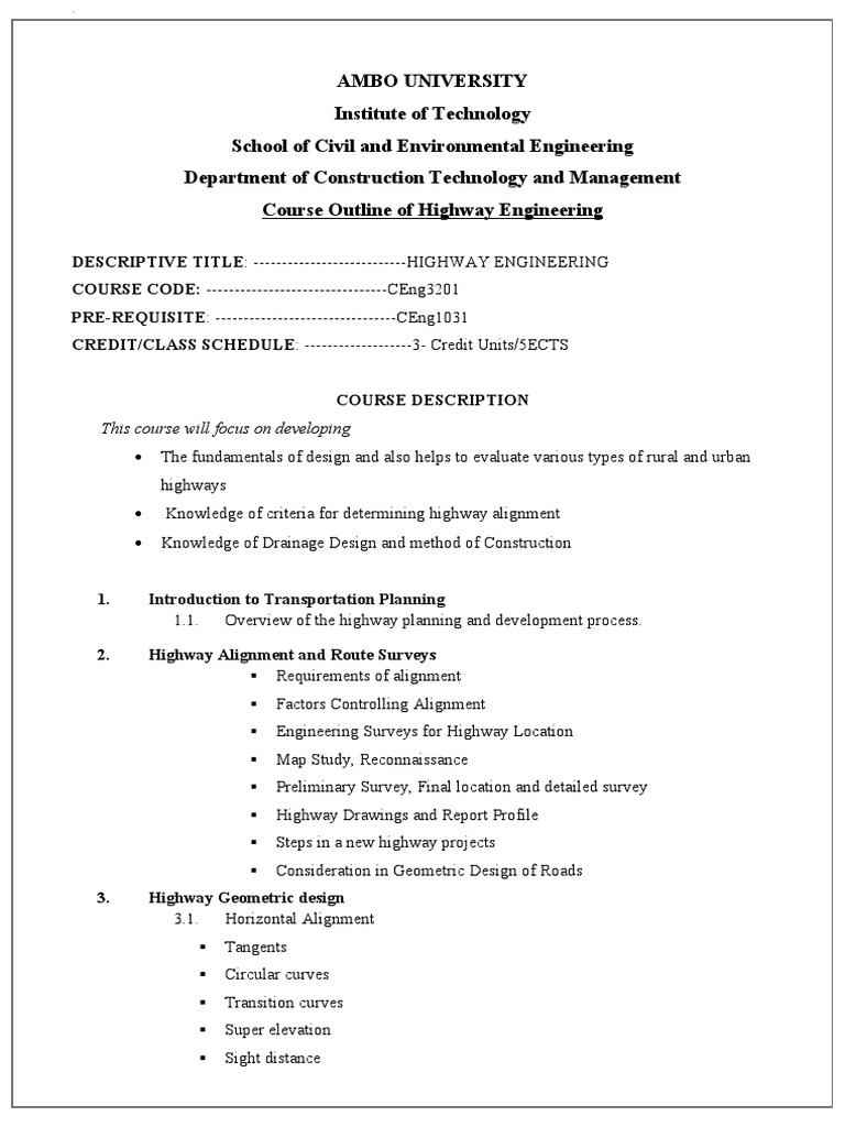 Highway Engineering Course Outline (CoTM) - 3rd Yr | PDF | Civil ...