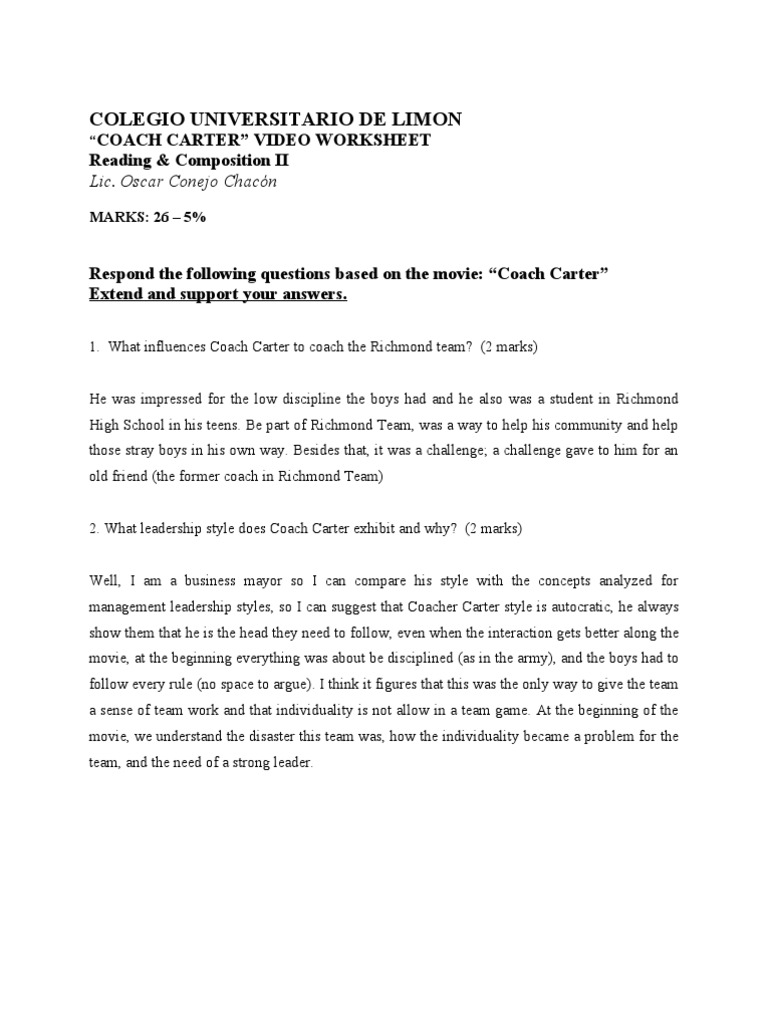 Coach Carter Video Worksheet Analysis | PDF | Leadership | Teachers