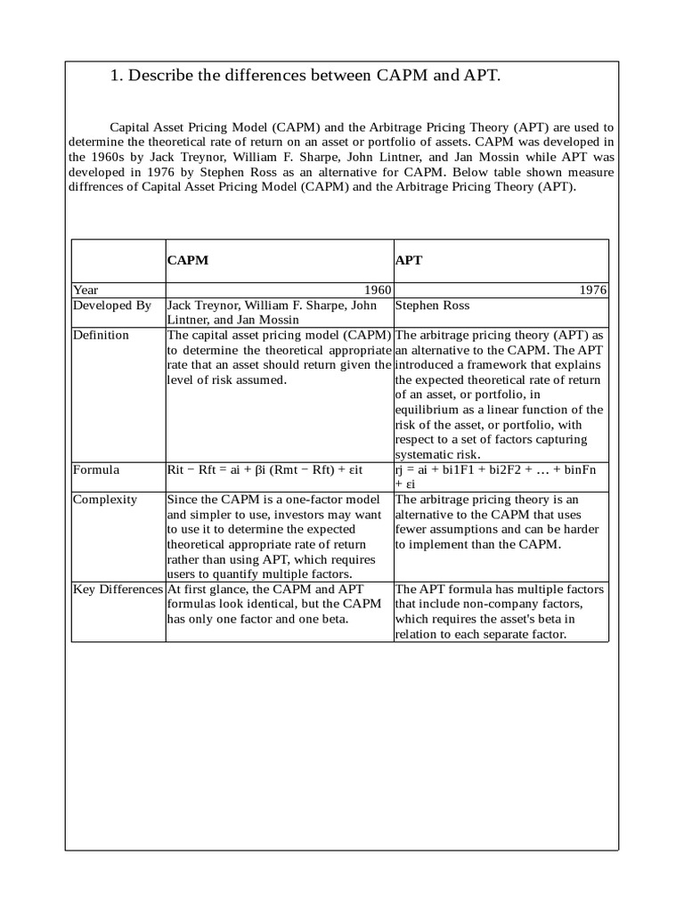 Describe The Differences Between CAPM and APT | PDF | Capital Asset ...