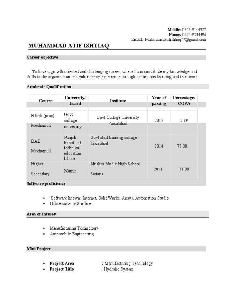 Resume of Muhammad Atif Ishtiaq Seeking Employment in Manufacturing Technology or Automobile ...