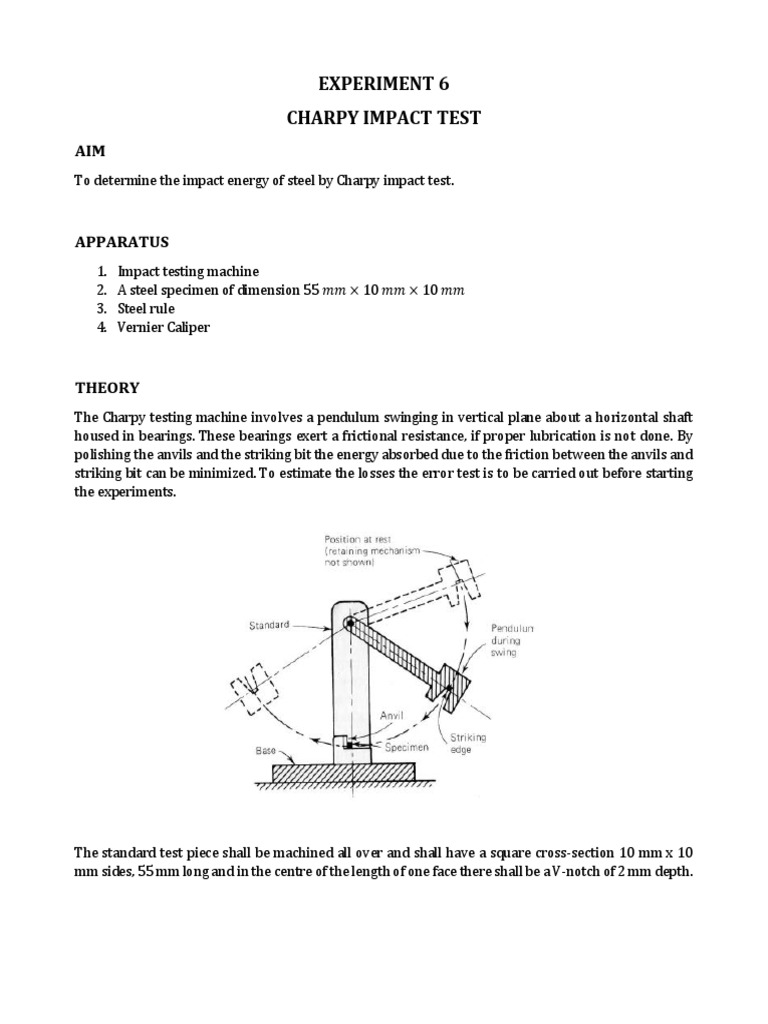 Experiment 6 Charpy Impact Test | PDF | Pendulum | Mechanical Engineering