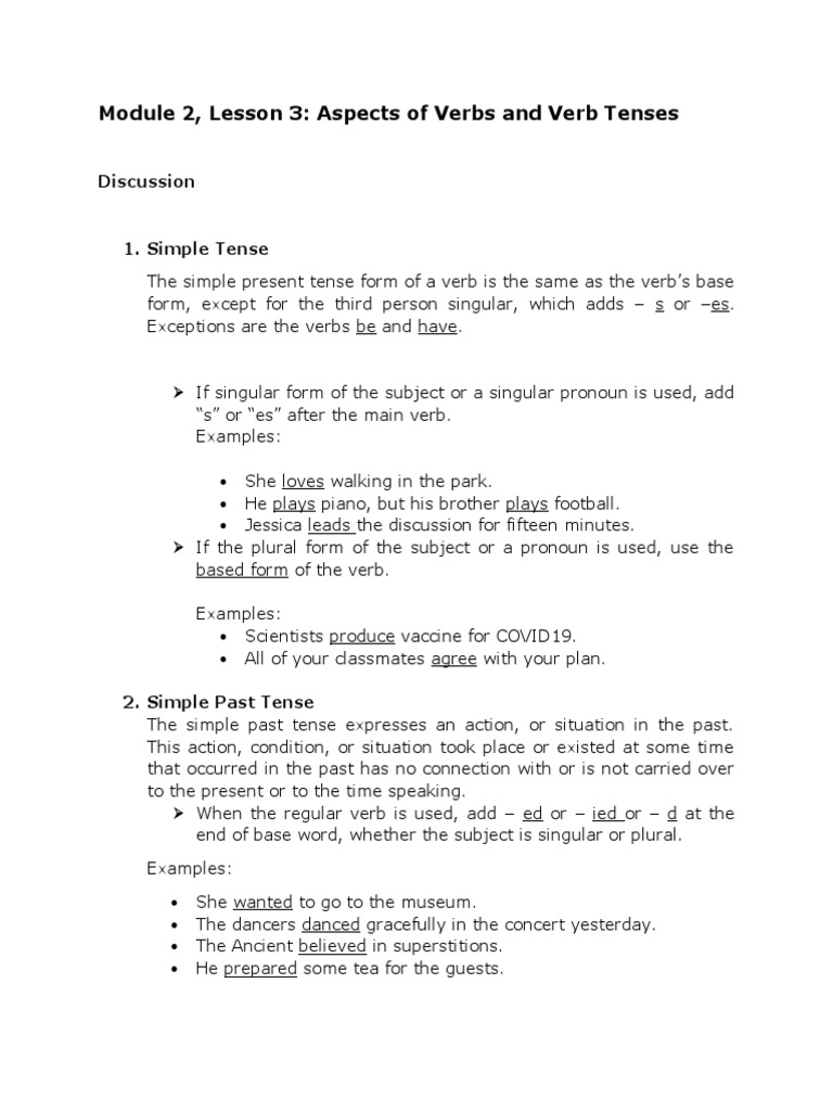 Aspects of Verbs and Verb Tenses | PDF | Grammatical Tense | Verb