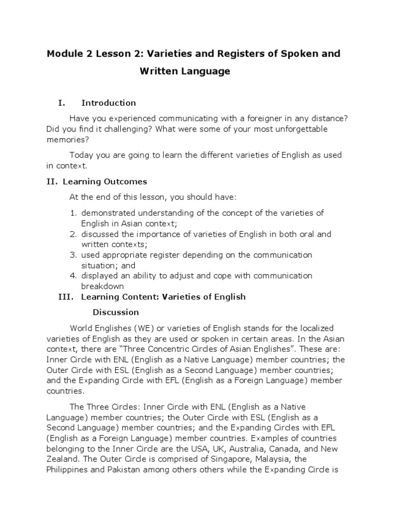 Module 2 Lesson 2: Varieties and Registers of Spoken and Written ...