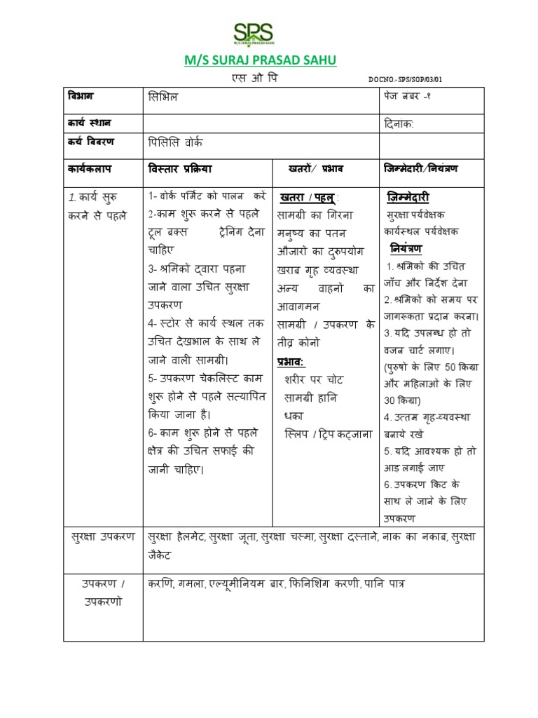 SPS PCC Work Sop Hindi | PDF