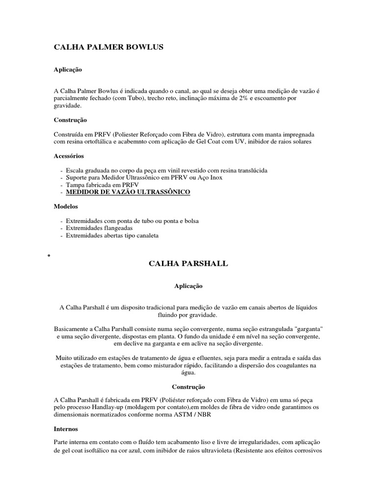 Calhas Palmer Bowlus e Parshall: Aplicações e Construção | PDF ...