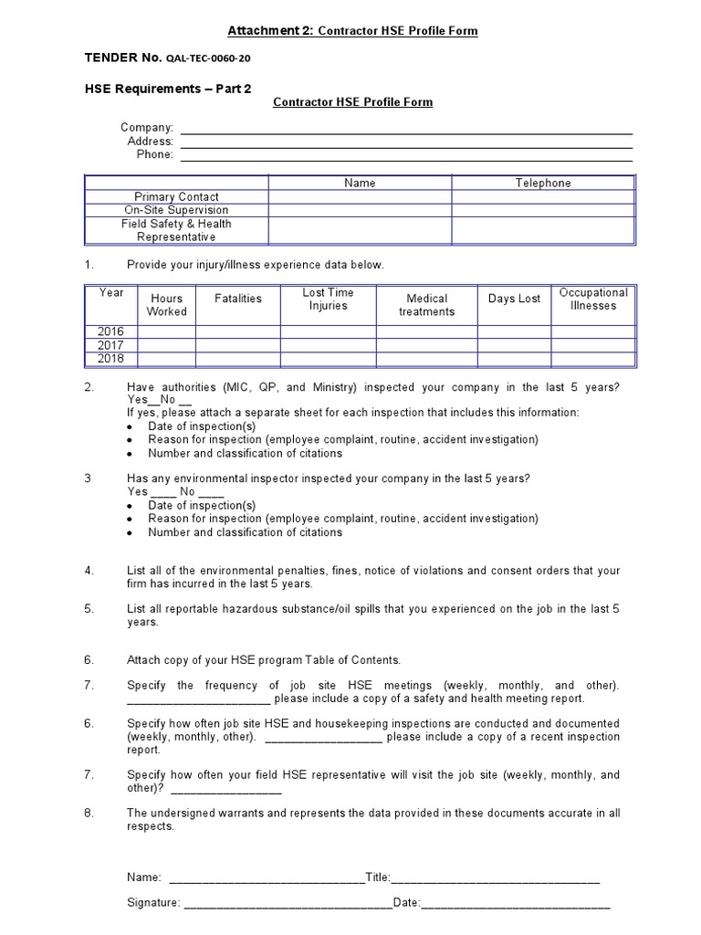 Contractor HSE Profile Form | PDF | Occupational Safety And Health | Safety