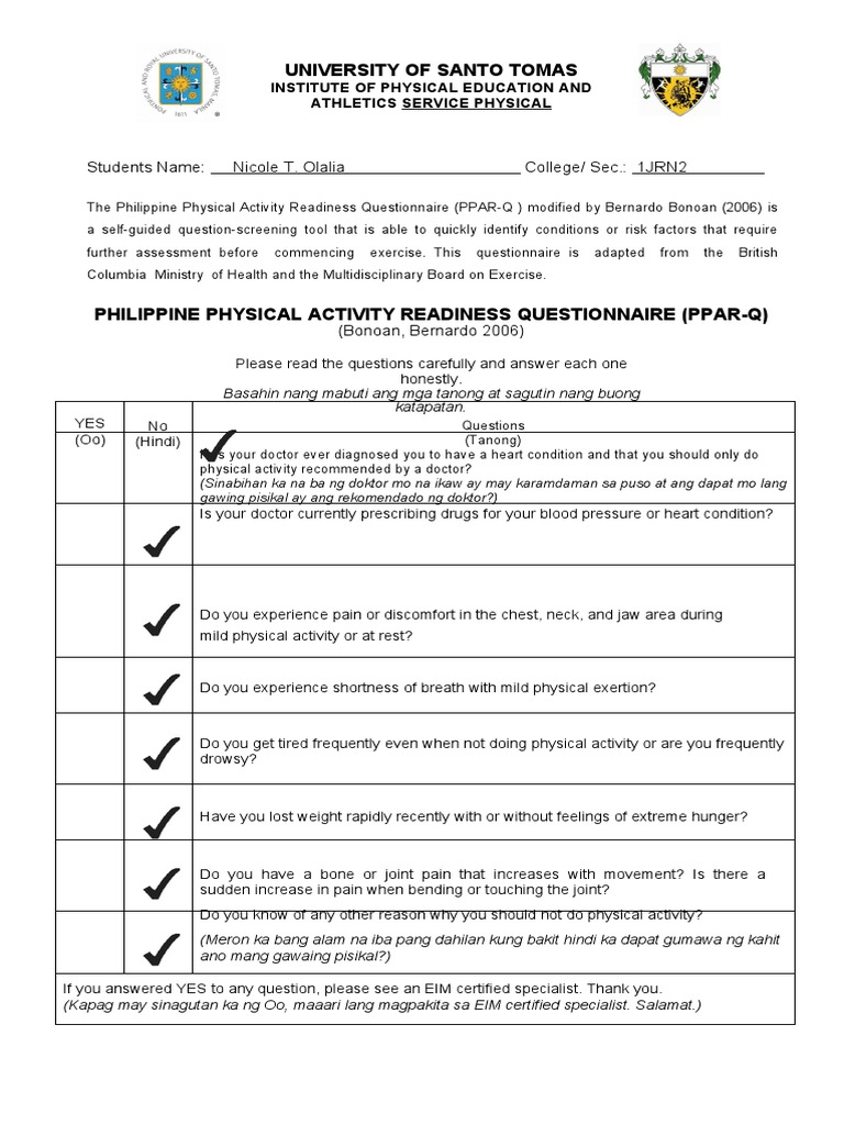 Physical Readiness Questionnaire | PDF | Pain | Health Care