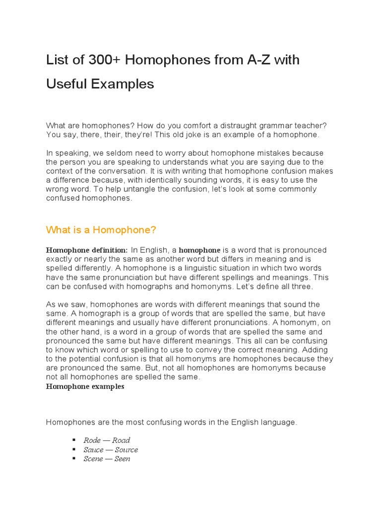 Comprehensive A-Z Homophones List | PDF