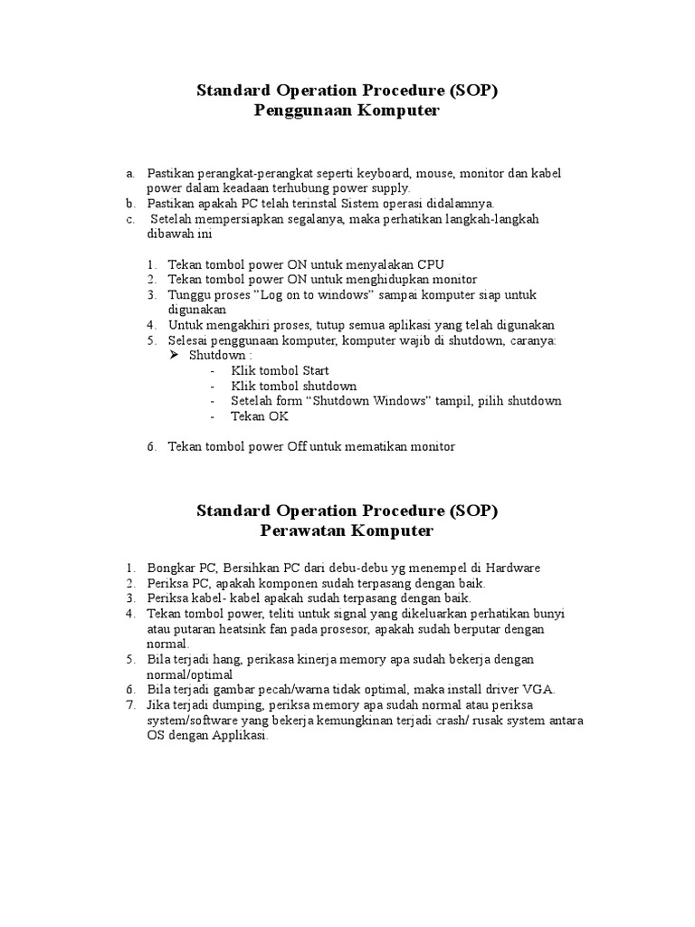 SOP Penggunaan Komputer | PDF