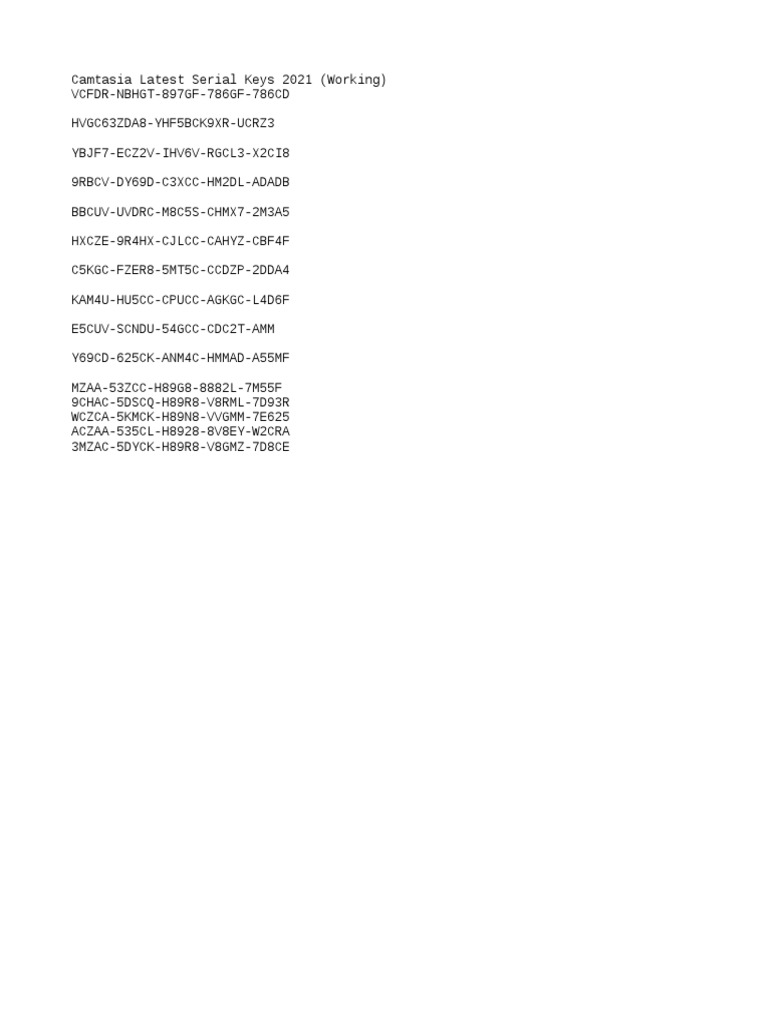 Current Serial Keys for Camtasia Software with Detailed Formatting and ...