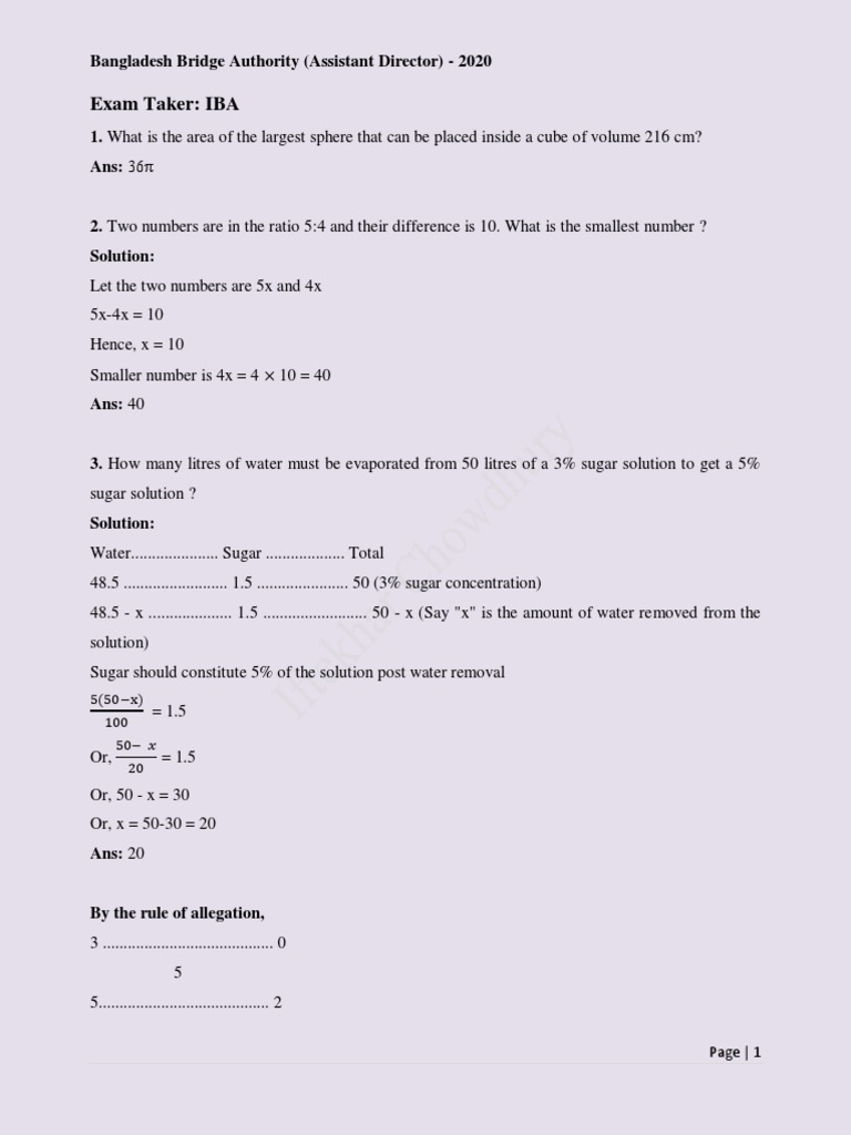 Bangladesh Bridge Authority AD Math Questions - 2020 | PDF | Teaching ...