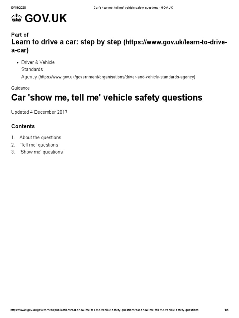Car 'Show Me, Tell Me' Vehicle Safety Questions - GOV - UK | PDF ...