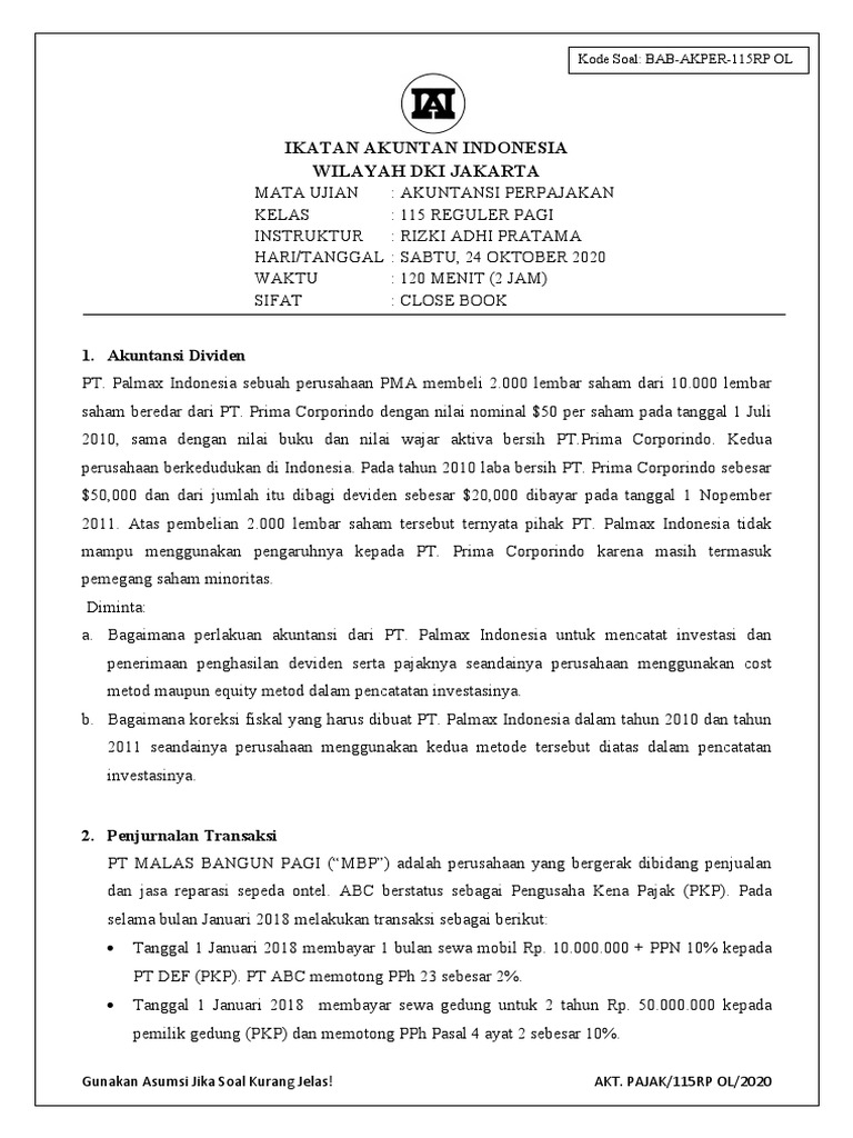 Soal Ujian AKT. Pajak 113RS (Rizki Adhi P) | PDF