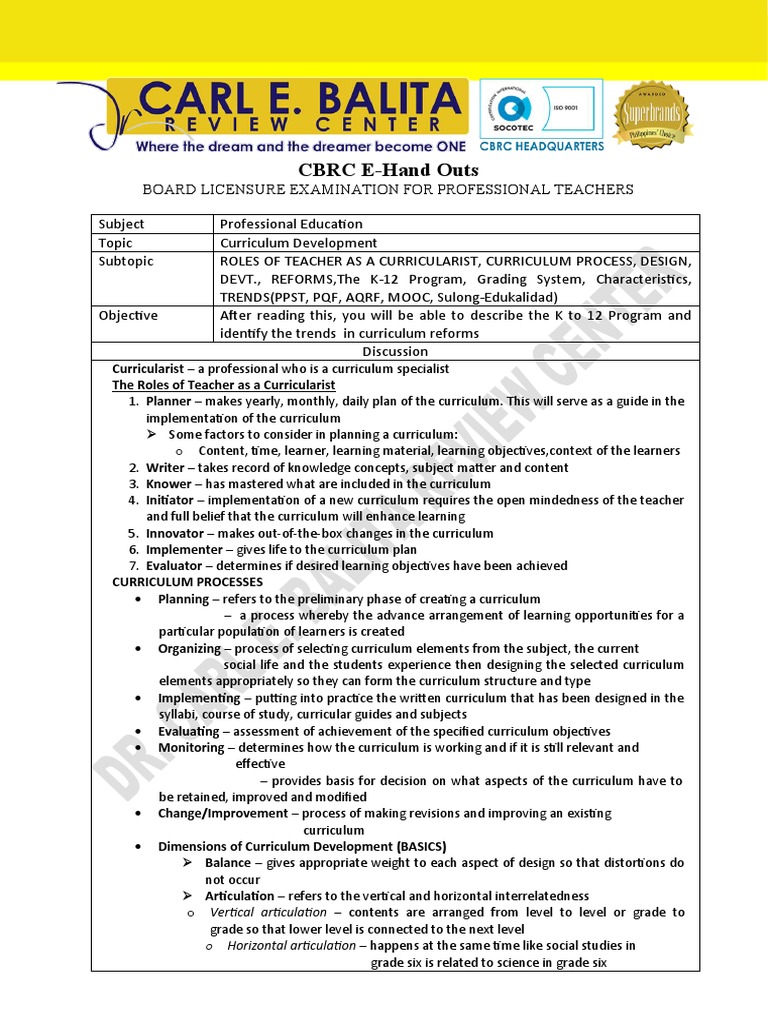 CBRC Hand Outs Curr Devt Curricularist Process Design Devt Reforms K To 12 TRENDS JES TAN and ...