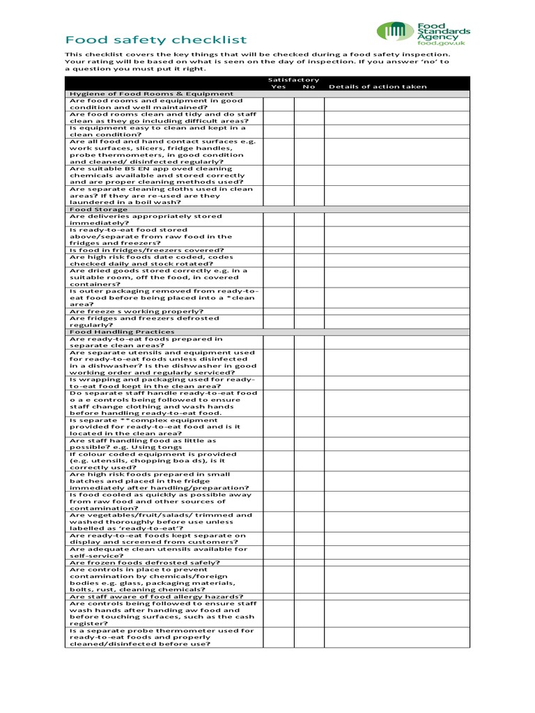 Food Safety Checklist | PDF | Hygiene | Foods