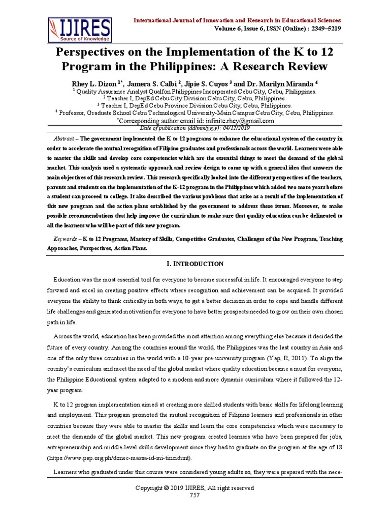 Perspectives On The Implementation of The K To 12 Program in The ...