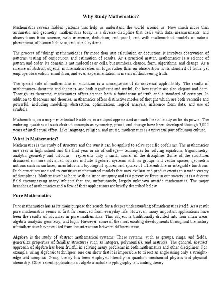 Why Study Mathematics | PDF | Teaching Mathematics | Mathematical Analysis