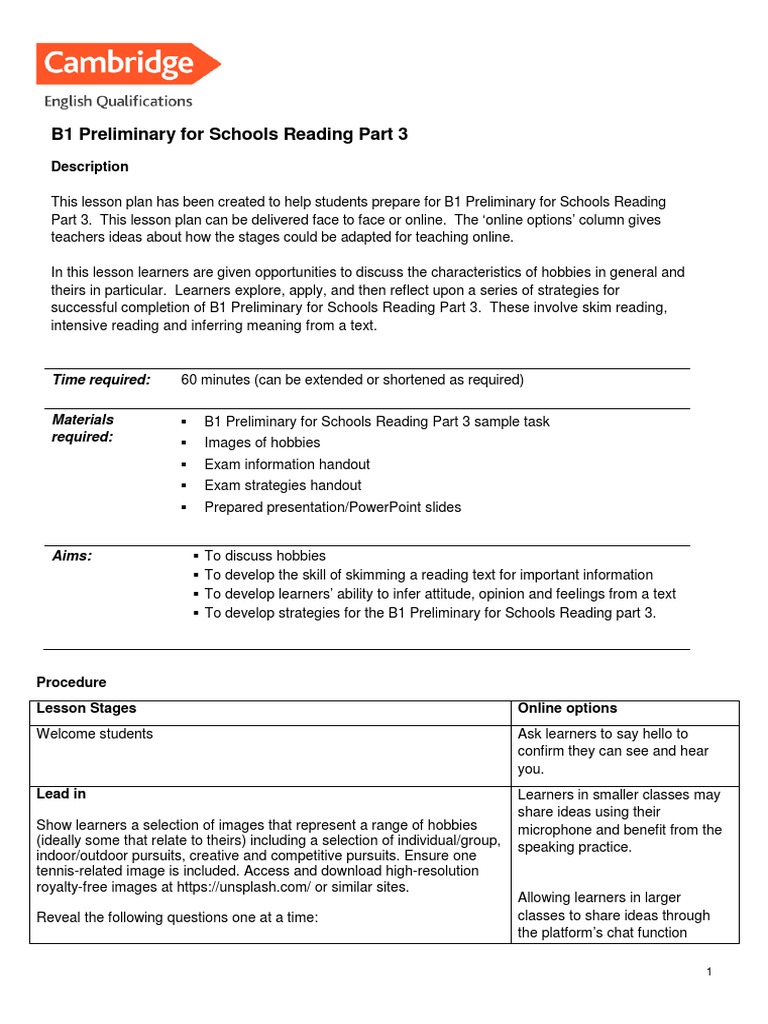 (Online Teaching) B1 Preliminary For Schools Reading Part 3 | PDF ...