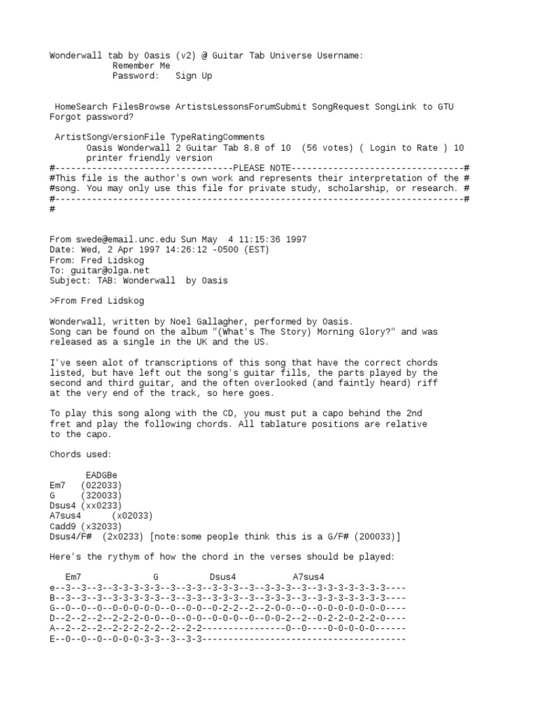 Wonderwall Tab By Oasis V2 At Guitar Tab Universe Download Free Pdf