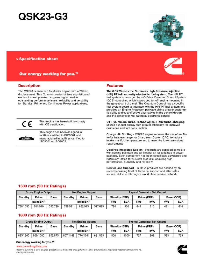 QSK23-G3: Description Features | PDF | Horsepower | Turbocharger